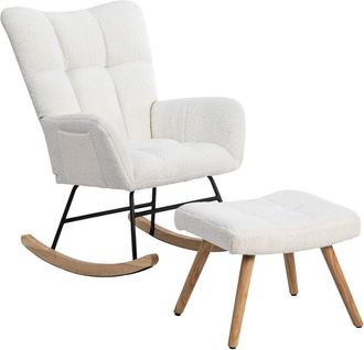 Liberte Liberté - Chaise basculante avec tabouret en bois de caoutchouc robuste, tissu teddy peluche, blanc