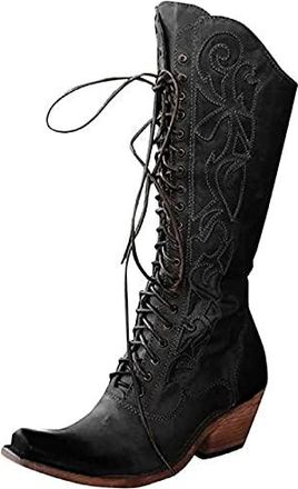 Generic Bottes de cowboy larges pour femme - Bout carr&eacute; - Talon &eacute;pais - Confortables - Brod&eacute;es - &Eacute;l&eacute;gantes - Fermeture &eacute;clair lat&eacute;rale - Lacets - Bottes dext&eacute;
