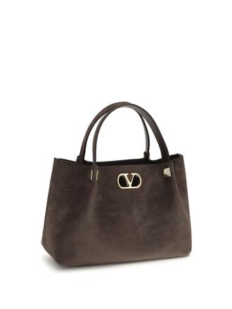 Valentino Garavani Suede with Studded VLogo Top Handle Bag - Brown