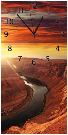Wallario Design-Wanduhr Grand Canyon bei Sonnenuntergang aus Glas, Motiv-Uhr Gr&ouml;&szlig;e 30 x 60 cm, Schwarze Zeiger