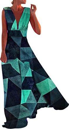 Generic Robes boh&egrave;me 2026 pour femmes, robe d&eacute;contract&eacute;e imprim&eacute;e, fermeture &eacute;clair, col en V, sans manches, longue, tendance, &eacute;l&eacute;gante, Vert, XXL