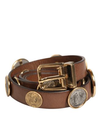 Dolce & Gabbana Mens Brown Leather Gold Silver Coin Buckle Belt Calf
