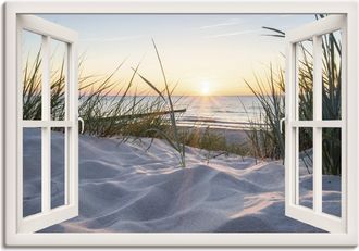 Artland Wanddeko Leinwand Bilder Wandbild 130x90 cm Fensterblick Strand Meer Sand Ostsee Dünen Sonnenuntergang U1TZ