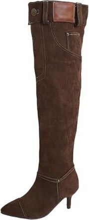 Generic Bottes Hautes Femme R&eacute;tro en Daim Talons Hauts Aiguille Bout Pointu Bottes Hautes Genou Tendances Femme Chaussures D&eacute;contract&eacute;e Automne Hiver 36