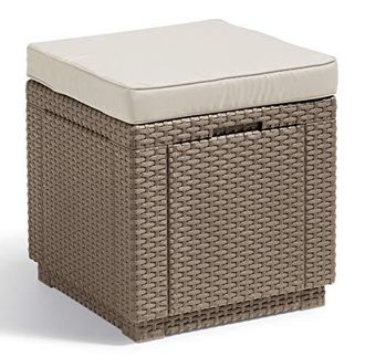 Keter Allibert by Keter Cube Hocker mit Stauraum, cappuccino, inkl. Kissen, Deckel abnehmbar, flache Rattanoptik, wetterfest, 42x42x39cm