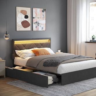 Vasagle Lit Double, 140 x 190 cm, avec LED, en Métal, 4 Tiroirs, Multiprise, Tête de Lit Rembourrée Ajustable, Pas Besoin de Sommier, Gris Ardoise et Noir Mat