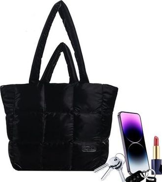 Generic Puffy Tote Bag | Sac matelass&eacute; avec design dhiver rembourr&eacute; doux | Sac rembourr&eacute; tendance | Sac rembourr&eacute; en duvet doux et l&eacute;ger pour femme, Noir, voi