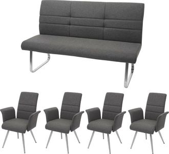 Hhg [NEUWERTIG] Set 4x Esszimmerstuhl+Sitzbank HHG-709, Bank K&uuml;chenstuhl Stuhl+Armlehne, Stoff/Textil Edelstahl grau-braun Bank 160cm
