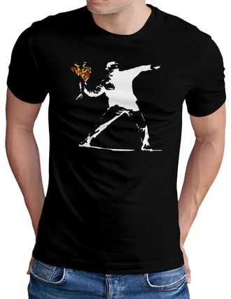 OM3 Banksy Flower Thrower T-Shirt - Herren - Urban Street Art Peace Graffiti Punk Indie Sozial Kritik - Schwarz, 4XL