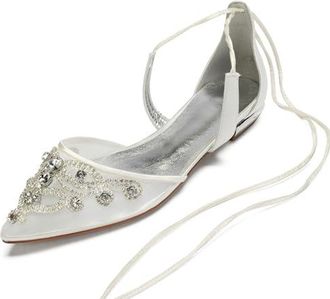 Generic Mariage Chaussures Plates Mariée À Bout Pointu Femmes Sandales Robe Bal Bride À La Cheville Plates 2Cm,Ivoire,36 EU