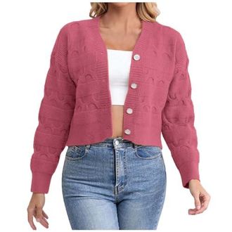 Generic MODSGUE Cardigan court en tricot uni pour femme - Motif torsad&eacute; - Col en V - Manches longues - Cardigan en tricot - Boutonni&egrave;re - Chaleur ouverte, Ros