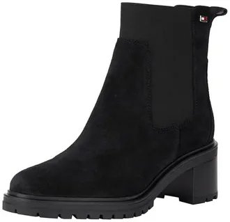 Tommy Hilfiger Bottines Chelsea Femme Flag Mid Heel Suede en Daim, Noir (Black), 40