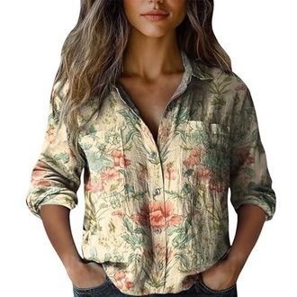 Generic Chemise r&eacute;tro &agrave; manches longues pour femme - Imprim&eacute; floral boh&egrave;me - D&eacute;contract&eacute; - Grande taille - Haut tropical avec poches - Manches retroussables -