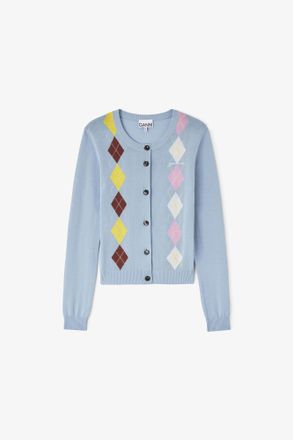 Ganni Cardigan &agrave; losanges Bleu Coton biologique - Taille S - Pour Femme
