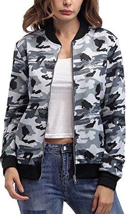 ShiFan Femmes Camouflage Manteau Street Jacket Ladies Casual Zipper Manteau Vestes Gris M