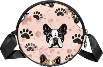 Generic Sac &agrave; bandouli&egrave;re rond pour femme, motif patte de chien, bouledogue avec fermeture &eacute;clair, bretelles r&eacute;glables, sac &agrave; main rond d&eacute;contract&eacute; pour femme