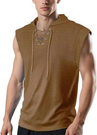 Generic DENGJIAMY Sweat &agrave; capuche sans manches pour homme uni &agrave; lacets et col en V T-shirt athl&eacute;tique d&eacute;t&eacute; tendance chemises d&eacute;contract&eacute;es pour homme, marron,