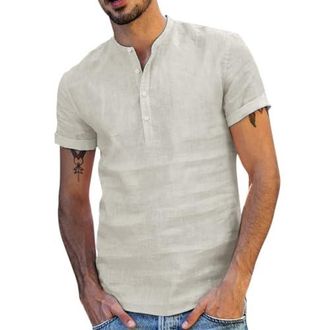 Generic Chemise dentra&icirc;nement en coton et lin pour homme - Chemisier &agrave; manches courtes et solides pour homme - Chemises r&eacute;tro baggy en coton m&eacute;lang&eacute; - Chemisi