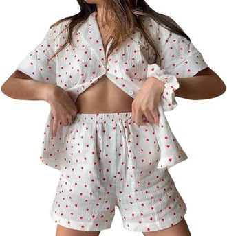 Generic Ensemble de costumes d&eacute;contract&eacute;s &agrave; manches courtes pour femme avec imprim&eacute; coeur et pantalon pour la Saint-Valentin 2026, Rouge, XL
