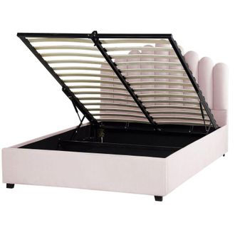 Beliani Polsterbett Wei&szlig; Samt mit Bettkasten Lattenrost Hochklappbar 160 x 200 cm Hohes Muschel-Kopfteil Glamour&ouml;s Muschelbett Doppelbett Schlafzimmer