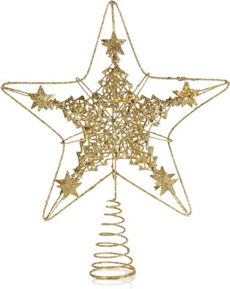 Com-Four Deko Stern Weihnachten - Weihnachtsdekoration Stern aus Metall - Aufsteller Weihnachtsstern mit Glitzer - Goldfarbene Weihnachtsbaumspitze (goldfarben