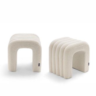 DRAWER Lot de 2 tabourets rembourr&eacute;s en tissu bouclette - Blanc - Mui