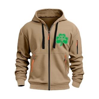 Generic DENGJIAMY Sweat &agrave; capuche zipp&eacute; pour homme Motif tr&egrave;fle porte-bonheur &agrave; manches longues avec poche zipp&eacute;e, kaki, 4XL