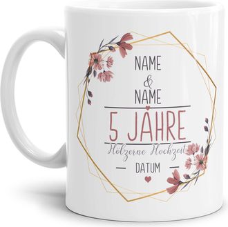 Tassendruck Tasse zum Hochzeitstag Hölzerne Hochzeit - mit Name & Datum selbst gestalten - 5 Jahre Ehe, Paar, Geschenk Hochzeit, Jubiläum, Jahrestag I Personalisi