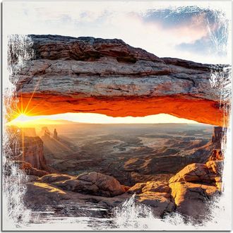 Wallario Wandbild aus Holz Sonnenstrahl am Horizont Leuchtende Felsspalte - 50 x 50 cm in Premium-Qualit&auml;t: Brillante Farben