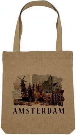 Fabulous Sac Shopping Tote Bag Aspect Lin - Amsterdam Collage Voyage Carte Postale - Sac de Courses Toile Epaisse 360g Beige Naturel Cabas Port&eacute; Epaule Solide 