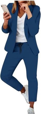 Generic Ensemble 2 pi&egrave;ces pour femme - Blazer &agrave; manches longues avec poches et pantalon &agrave; cordon de serrage - Ensemble assorti, bleu clair, XXL