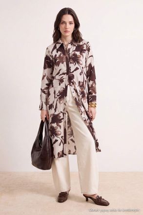 Trendyol Modest Damen Braun Gebl&uuml;mt Lang Oversize Modest Hemden