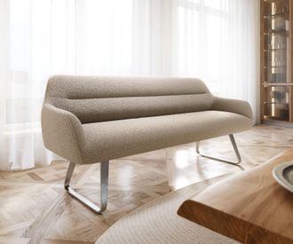 DELIFE Esszimmerbank Taya-Flex 200 cm Boucl&eacute; Schlamm Kufengestell flach Edelstahl Taschenfederkern, B&auml;nke