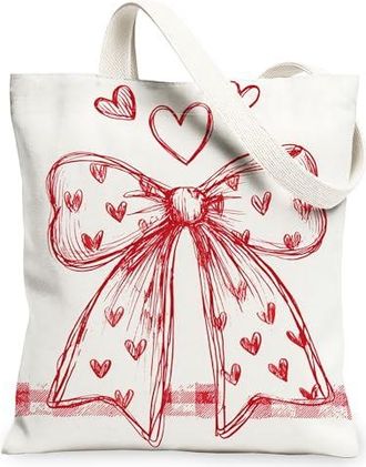 Generic Sacs fourre-tout en toile avec noeud en forme de coeur pour la Saint-Valentin, sacs &agrave; provisions r&eacute;utilisables, l&eacute;gers et lavables, blanc, 13x15 Inch