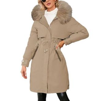 Onsoyours Femme Hiver Mi-Long Doudoune avec Col de Fourrure Veste Parka Manteau Doubl&eacute; Outwear Trench Chaud &Eacute;pais Jacket Zipp&eacute; Manche Longue Poches Outwear B Br
