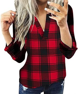 Generic Vestes pour femmes 2026 &agrave; manches longues d&eacute;contract&eacute;es &agrave; carreaux, Rouge, 4XL