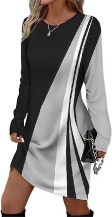 Onsoyours Femme Automne Hiver Robe col en V Robe à Manche Longue Robe Patchwork Décontractée Élégante Vintage Robe F Modèles-2 3XL