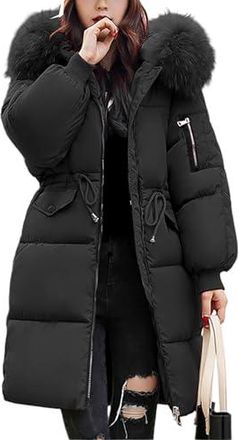 Generic Veste dhiver mi-longue matelass&eacute;e &eacute;paisse et chaude en fausse fourrure &agrave; capuche pour femme, Noir, XXL