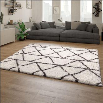 Paco Home Paco Home - Tapis Shaggy Poil Long Motif Scandinave Motif Diamant Gris Blanc Cassé 160x230 cm