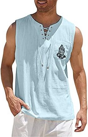 Generic Chemise en coton et lin pour homme - Hauts dentra&icirc;nement d&eacute;t&eacute; pour homme - Haut de printemps et d&eacute;t&eacute; d&eacute;contract&eacute; - Haut sans manches en coton - D&eacute;bard