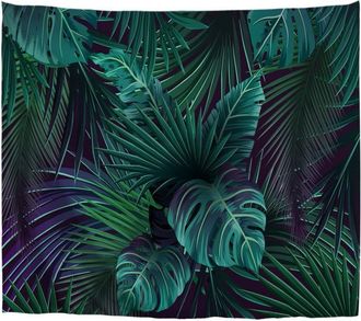 A.Monamour Wandteppiche Exotische Tropische Gr&uuml;ne Monstera Palm Verl&auml;sst Dunklen Hintergrund Hand Gezeichnete Bild Bedruckten Stoff Wand H&auml;ngen Wandteppich Wandb