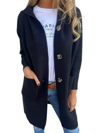 Onsoyours Cardigan à Capuche pour Femme Pull en Maille de Couleur Unie Manteaux Long Décontracté Gilet à Poches A Noir XXL