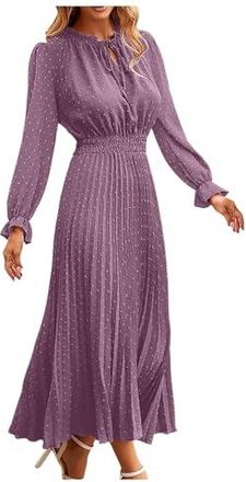 Generic Robe Longue Femme à Pois, Robe De Soiree Manche Longue-Robe Chic Et Elegant Col V Casual Robes Automne Et Hiver Coupe AjustéE Classique Pour Cocktail 