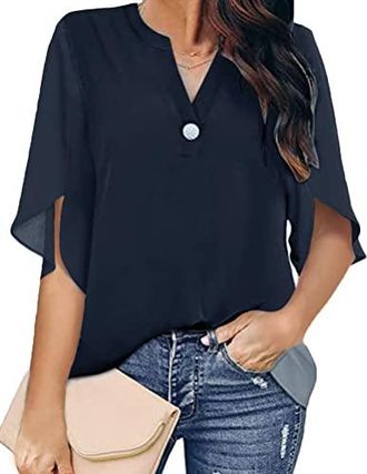 Minetom Femmes T-Shirts à Manches Courtes Eté Casual Top Lâché Col V Hauts Tee Shirt Couleur Unie Blouse Mousseline de Soie Chemisier Tunique Y1 Marine 48