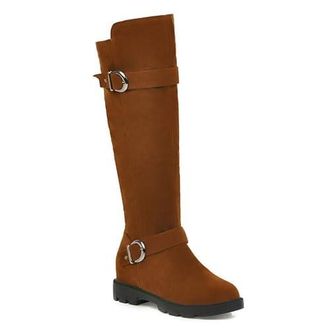Generic Bottes d&eacute;quitation montantes pour femme avec sangle &agrave; boucle, fermeture &eacute;clair lat&eacute;rale, confortable, remorquage rond, talon compens&eacute; cach&eacute;, chaussure