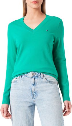Tommy Hilfiger Damen Pullover Jersey V-Neck Strickpullover, Grün (Olympic Green), XS