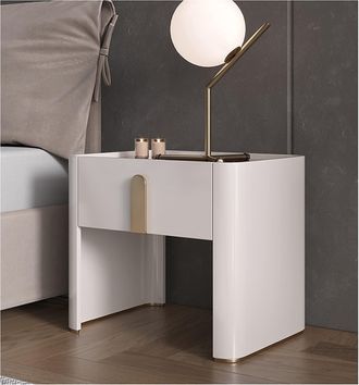 Generic Weißer Nachttisch Mit Glasablage & Schublade - Moderner Beistelltisch Mit Metallgestell 40x40x50 cm(Big)