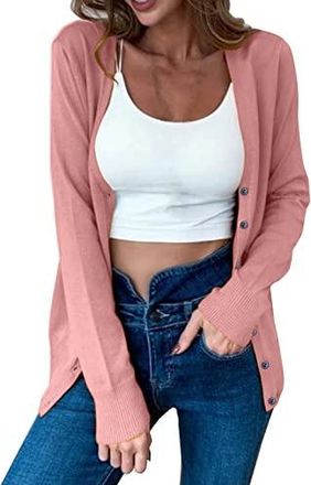 Generic Cardigan d&eacute;t&eacute; l&eacute;ger pour femme - Cardigan fin avec boutons - &Eacute;l&eacute;gant col en V - Boutonni&egrave;re - Veste &agrave; &eacute;paules - Couleur unie - Pull en tricot - Veste 
