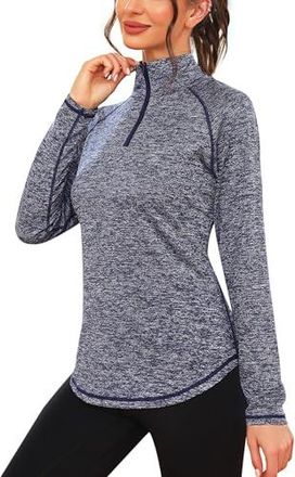 iClosam Haut de Course à Manches Longues Tee Shirt Running Femme 1/4 Zip T-Shirts de Sport Femme Top Fitness Yoga Femme Séchage Rapide Bleu marine-3XL