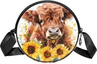 Generic Sac &agrave; bandouli&egrave;re rond pour femme, motif vache et tournesols avec fermeture &eacute;clair et bretelles r&eacute;glables